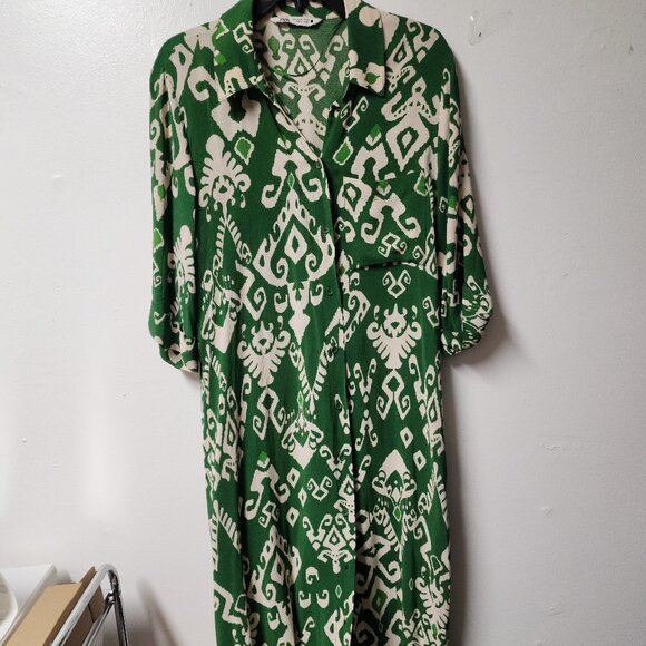 Zara | Dresses | Zara Green White Black Ikat Print Allison Maxi ...